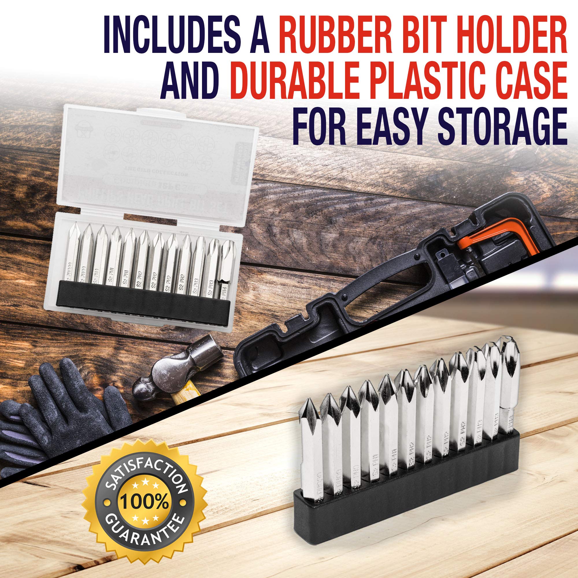 Phillips Screwdriver Drill Bit Set (Premium 12pc Complete Set) w/Storage Case and Bit Holder - 1/4in Hex Shank Magnetic Bit Set - Impact Ready - S2 Steel - Long 2in Heads for Drills. Baker and Bolt