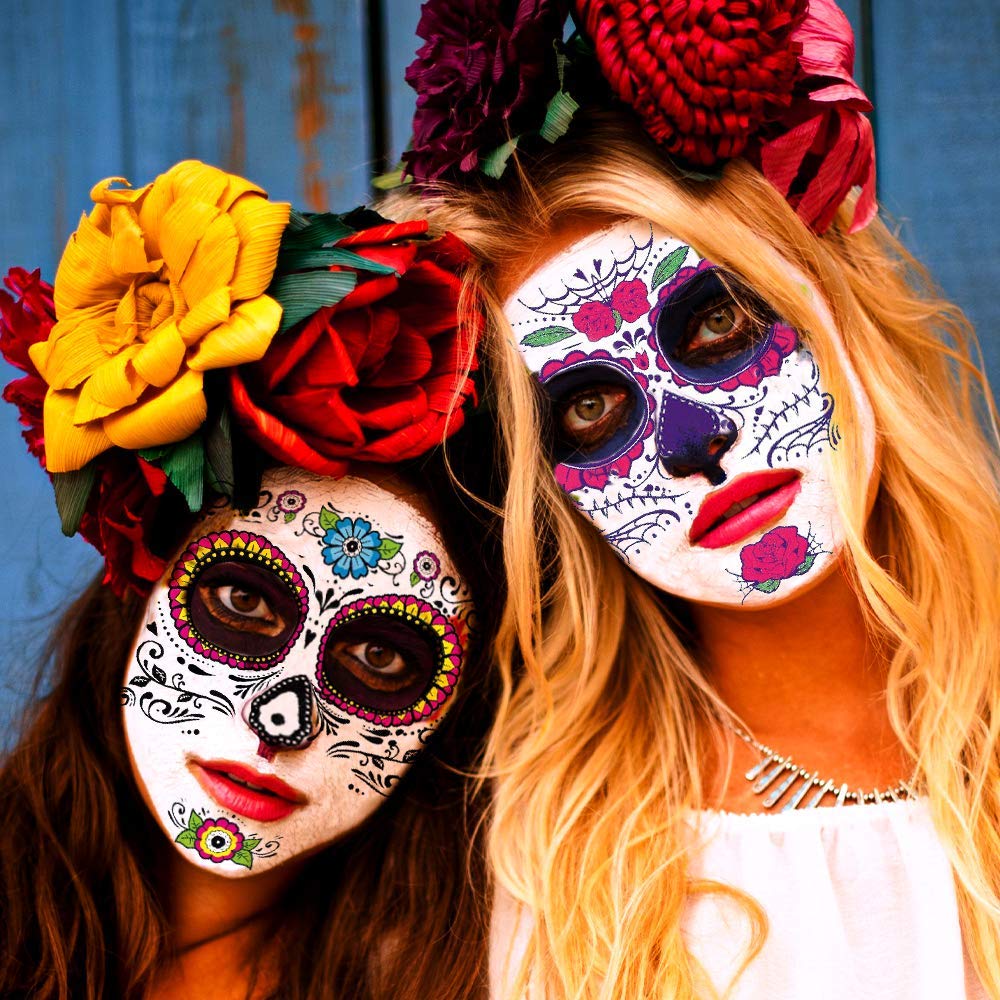 Temporary Face Tattoo, 8 Kits Tattoos Sugar Skull Stickers Day of The Dead Makeup, Face Tattoo Rose Design for Halloween, Masquerade and Parties
