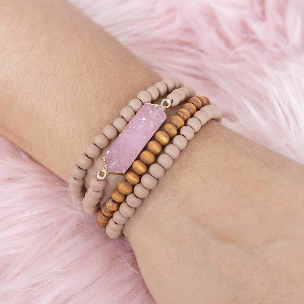 RIAH FASHION Bohemian Multi-Layer Beaded Stacking Statement Bracelets - Versatile Stretch Strand Wood Beads Wrap Slip-on Cuff Bangle Set (Sparkly & Wood 7 Layer - Brown)