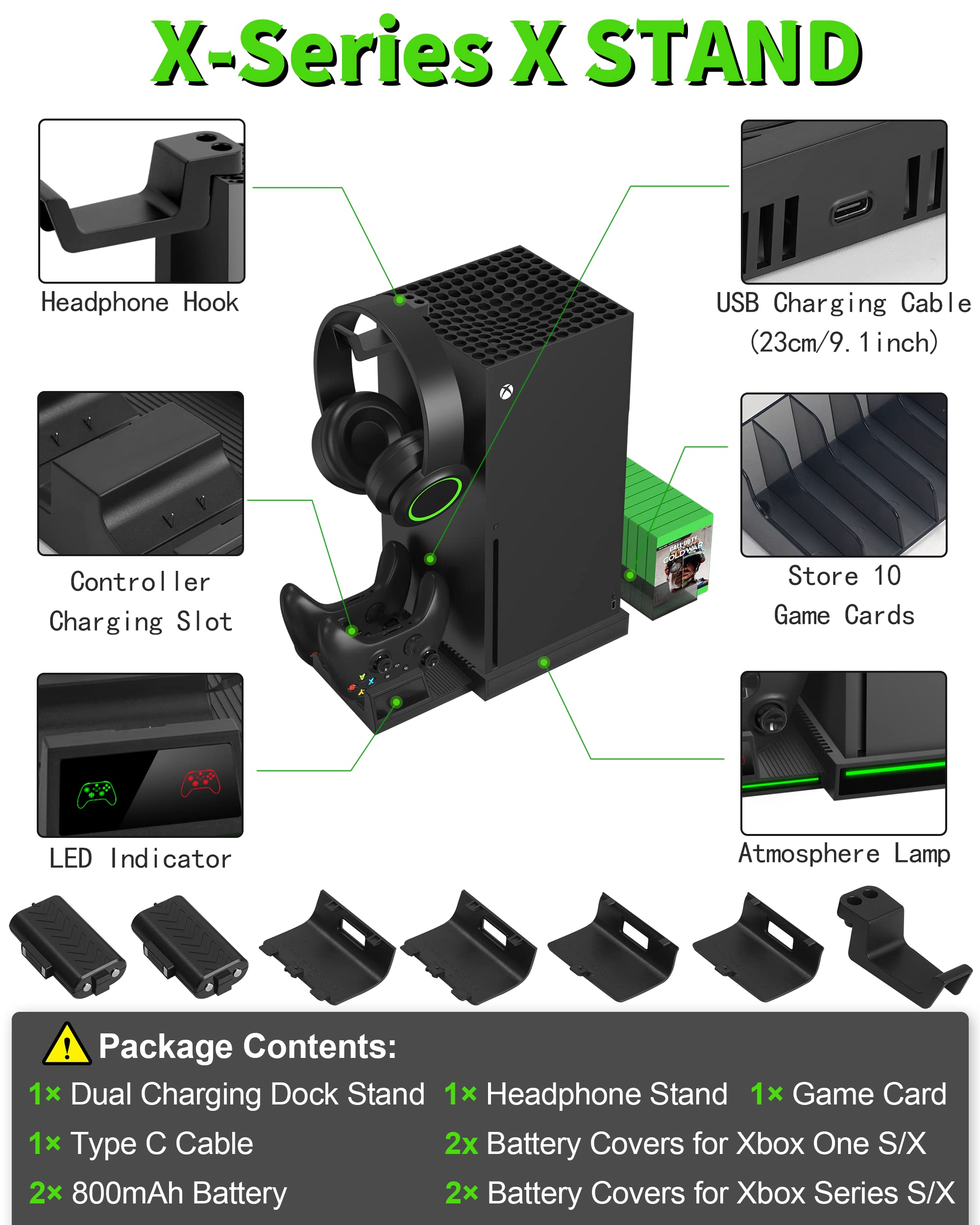 Wiilkac Vertical Stand for Xbox Series X Console with 10Games Slots Holder&Headphone Hook, Dual Controller Charging Station Dock with 2 Rechargeable Battery Packs for Xbox Series X/S, Xbox One X/S