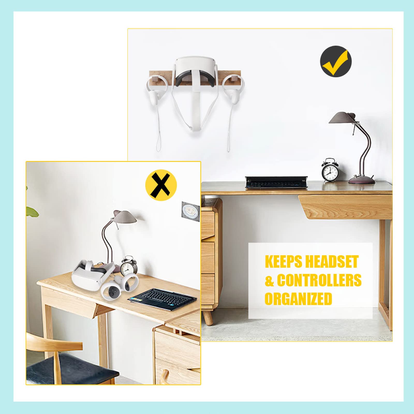 Wooden VR Headsets Wall Mount Holder for Oculus Quest 2/Rift S Headsets & Controller Stand Hook Display Storage Organizer Hanger