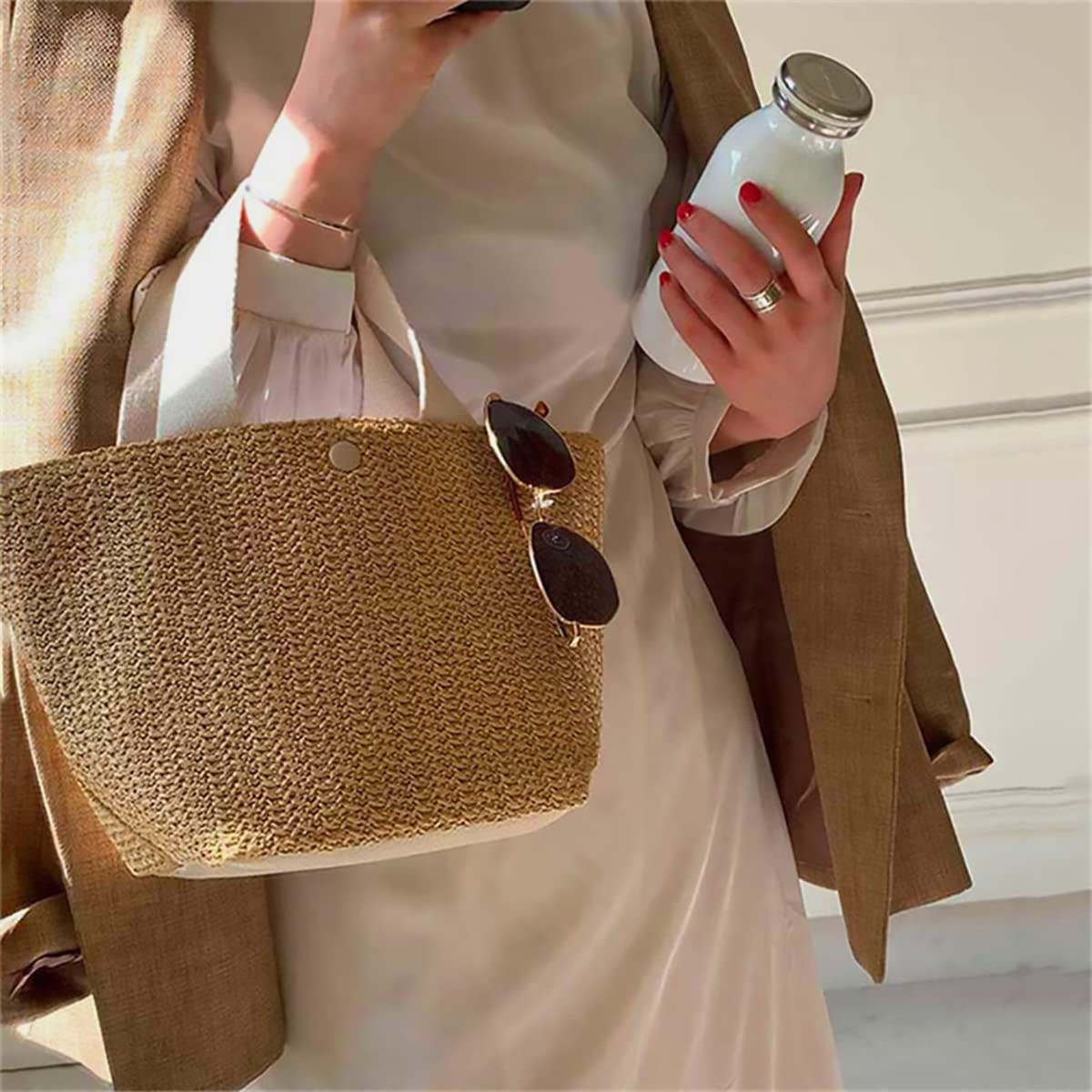 Women Straw Beach Tote MINI Bags Handmade Woven Bag with Handle Boho Summer Handwoven Handbag Purse (White)