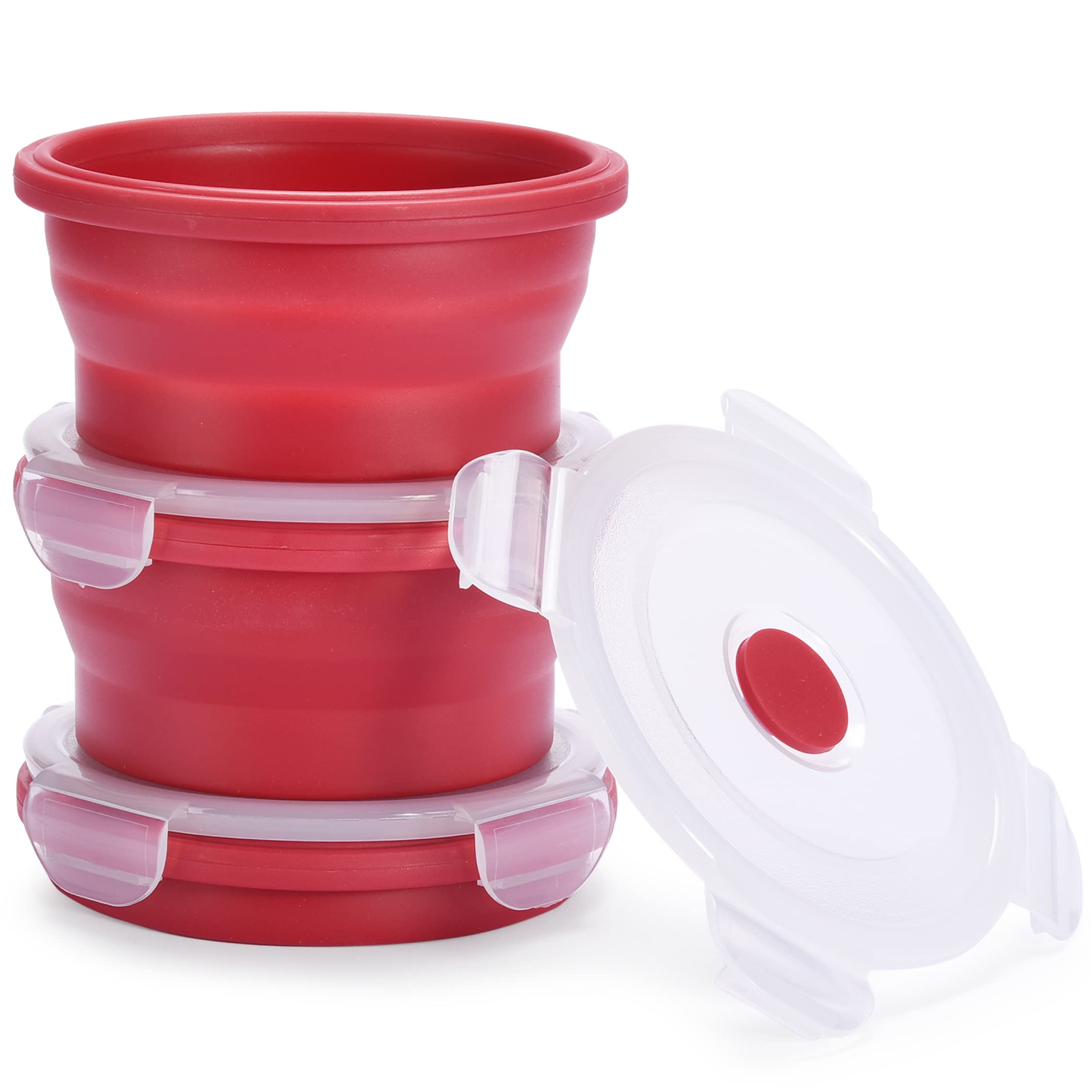 Vdomus Collapsible Food Storage Containers with Lids - Silicone Collapsible Bowl Sets with Airtight Lid - Round Silicone Food Containers Microwave, Freezer, and Dishwasher Safe - Set of 3, Red