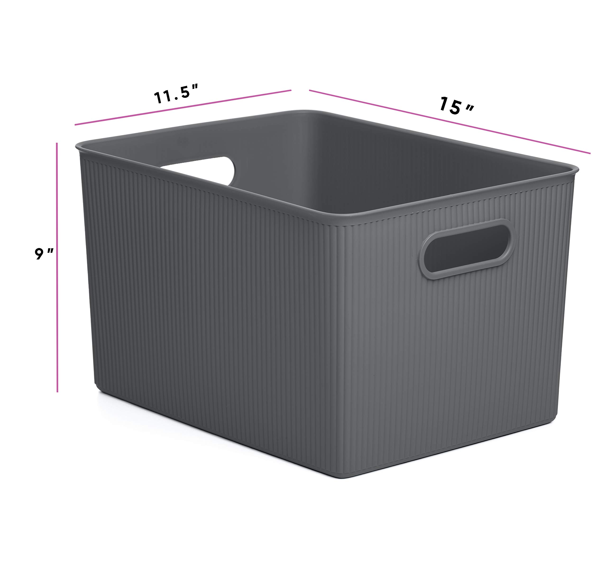 Superio Ribbed Collection - Decorative Plastic Lidded Home Storage Bins Organizer Baskets, X-Large Grey (1 Pack - 22 Liter) Stackable Container Box, for Organizing Closet Shelves Drawer Shelf