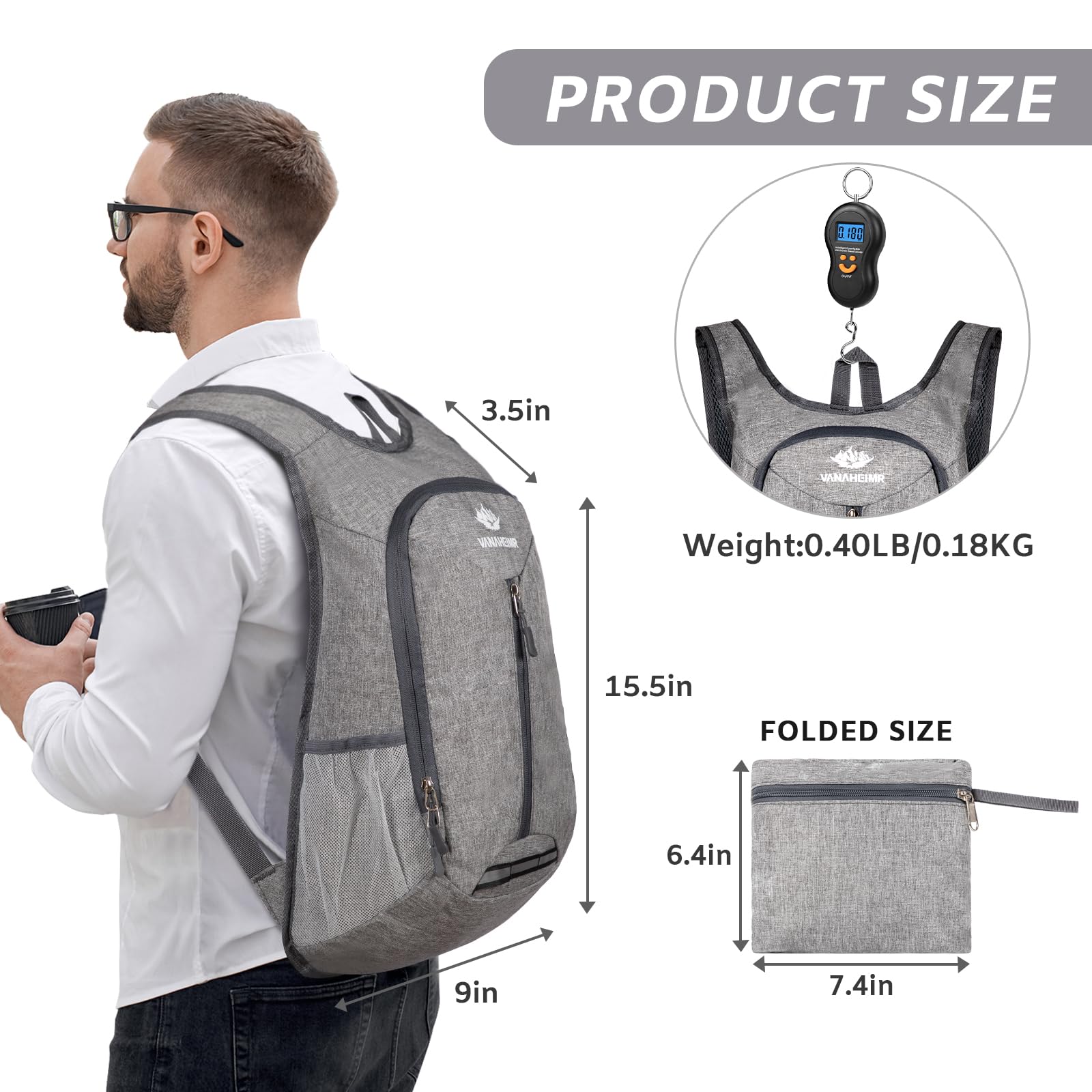 Prpeko Hiking Backpack Small Lightweight Hiking Daypack 15L for Men Women, Waterproof Outdoor Sport Travel Foldable Day Pack for Camping Climbing Skiing (Light Grey)