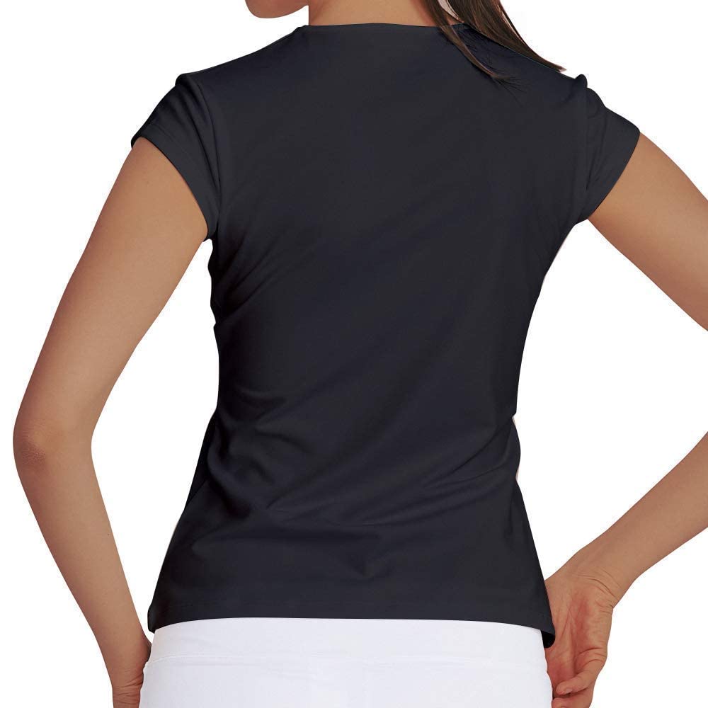 Saadiya Tennis Shirts for Women Short Sleeves, Solid Golf T Shirts V-Neck Running Shirts Black