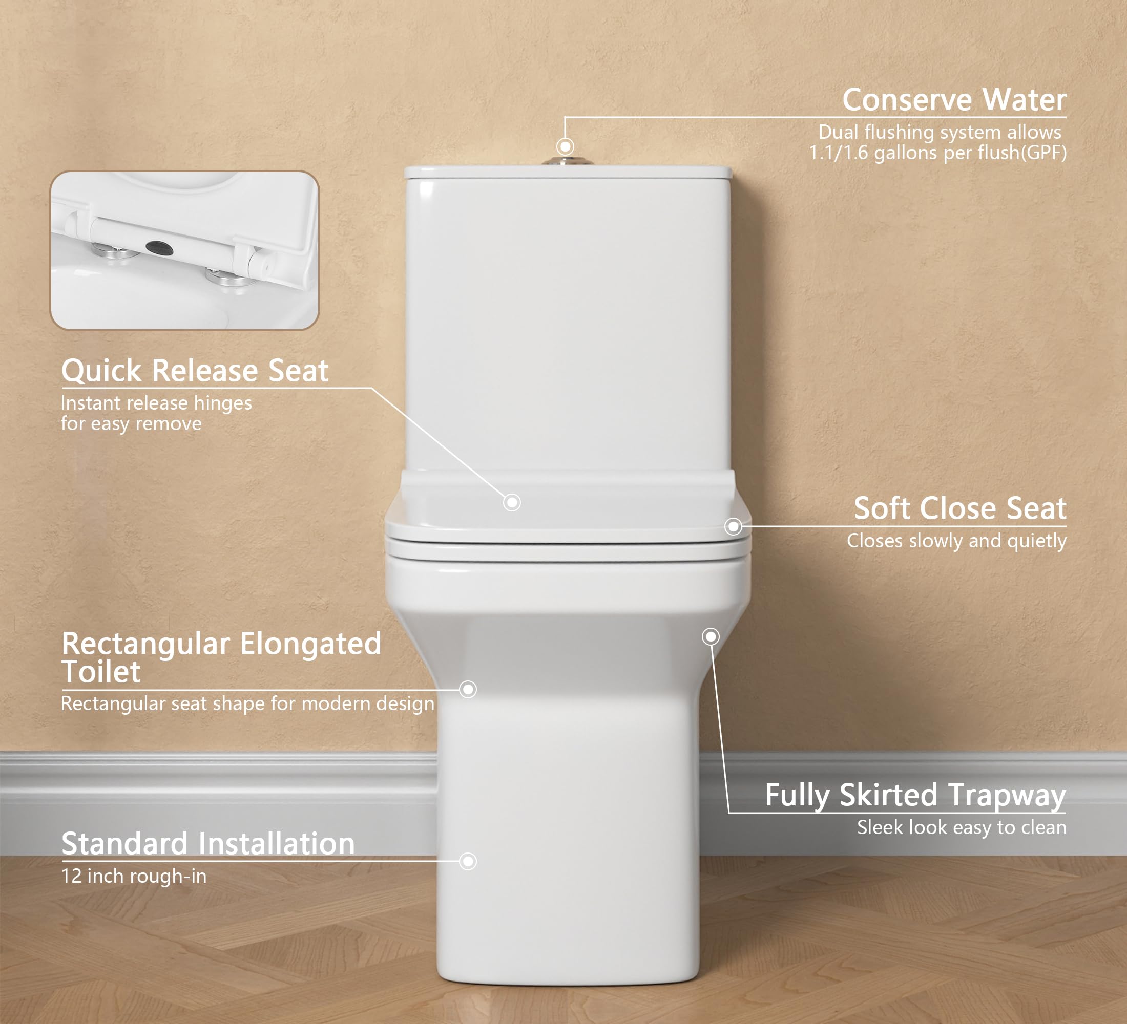 One Piece Toilet, DeerValley DV-1F0071 Modern Elongated Toilet Power Dual Flush 1.1/1.6 GPF Toilet for Bathroom 12" Rough in Rectangular Bowl, 1000g MaP