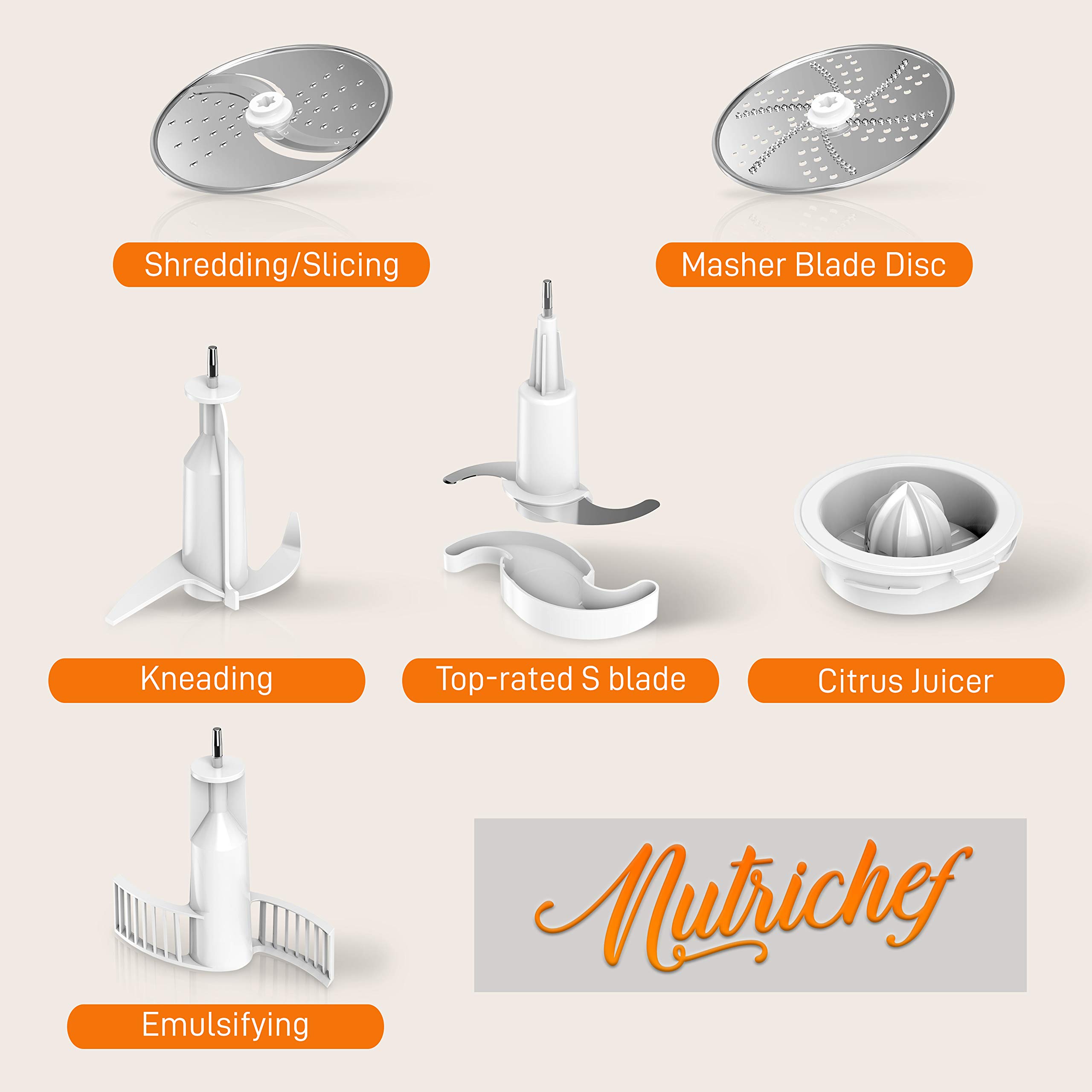 NutriChefKitchen Multipurpose 12 Cup Food Processor - Ultra Quiet 600 Watt Powered Electric & Vegetable Chopper w/Pre-set Speed Function for Easy Prep 6 Attachment Blades NCFP8.7, Black, White