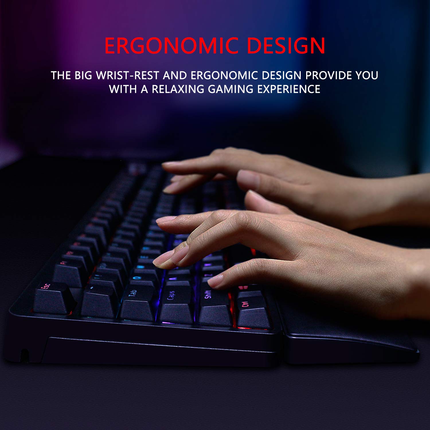 RedThunder K55 Mechanical Gaming Keyboard, Quiet Red Switch, Chroma RGB Lighting, Soft Leather Wrist-Rest, Standard Full Size Wired Keyboard with Dedicated Media Keys & Dial for PC