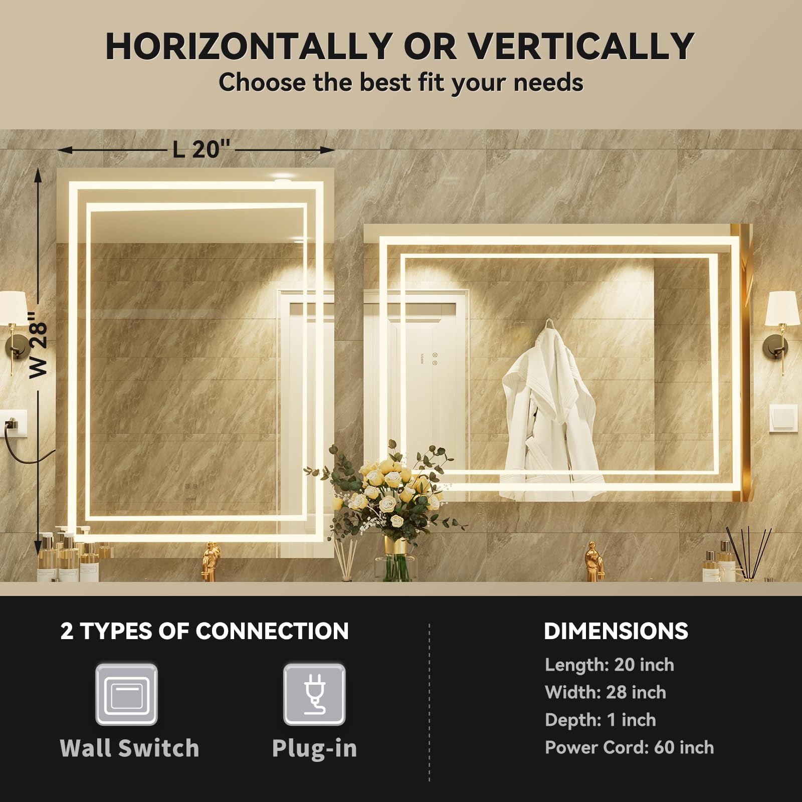 SSWW LED Mirror Bathroom 20x28'' Dimmable Front Light Vanity Mirrors for Over Sink,Wall Mounted Frameless Lighted Mirror with Anti-Fog,Memory Function (Vertical/Horizontal)