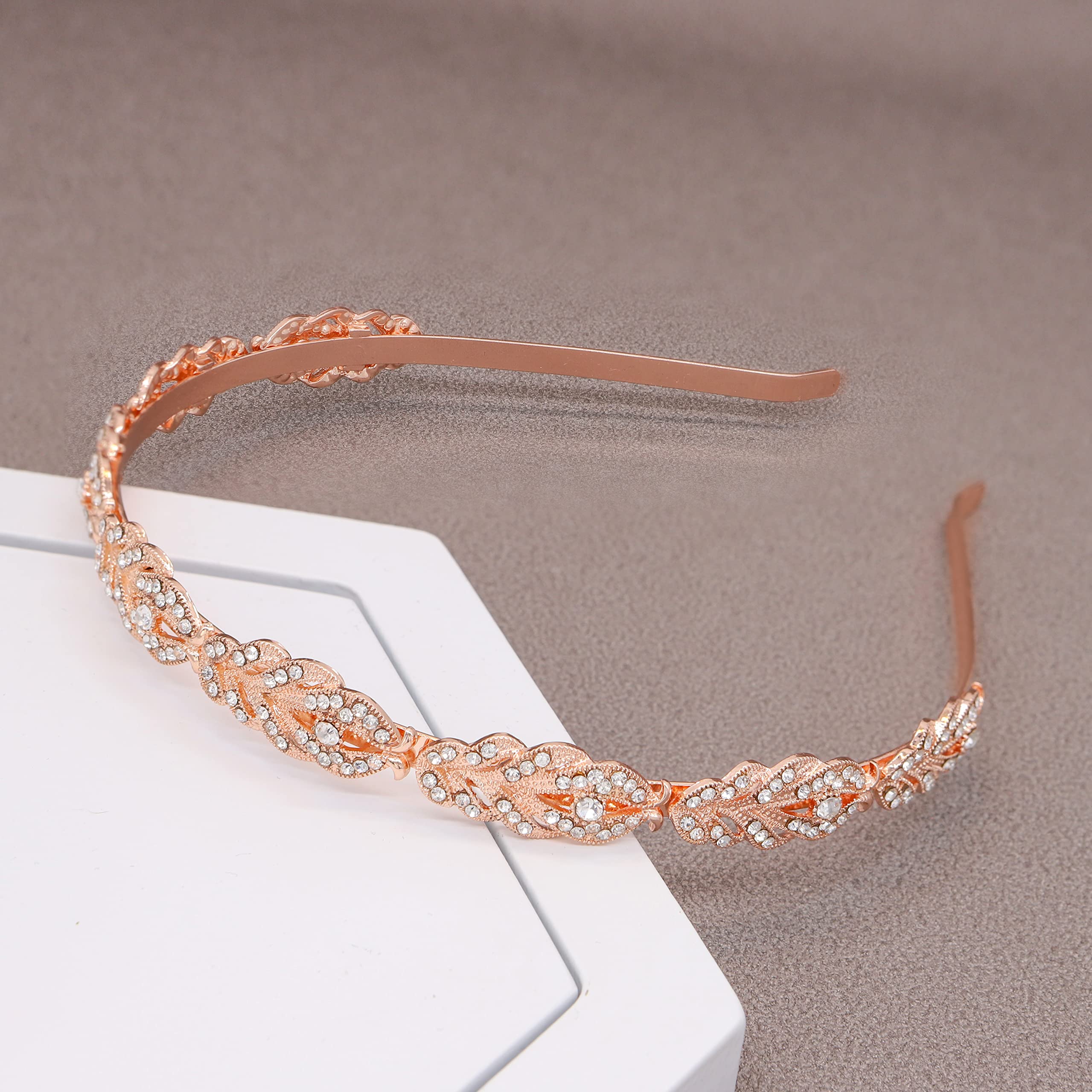 Oriamour Rose Design Rhinestone Crystal Wedding Headband Bridal Headpieces Simple Design Bridal Headband (Rose Gold)