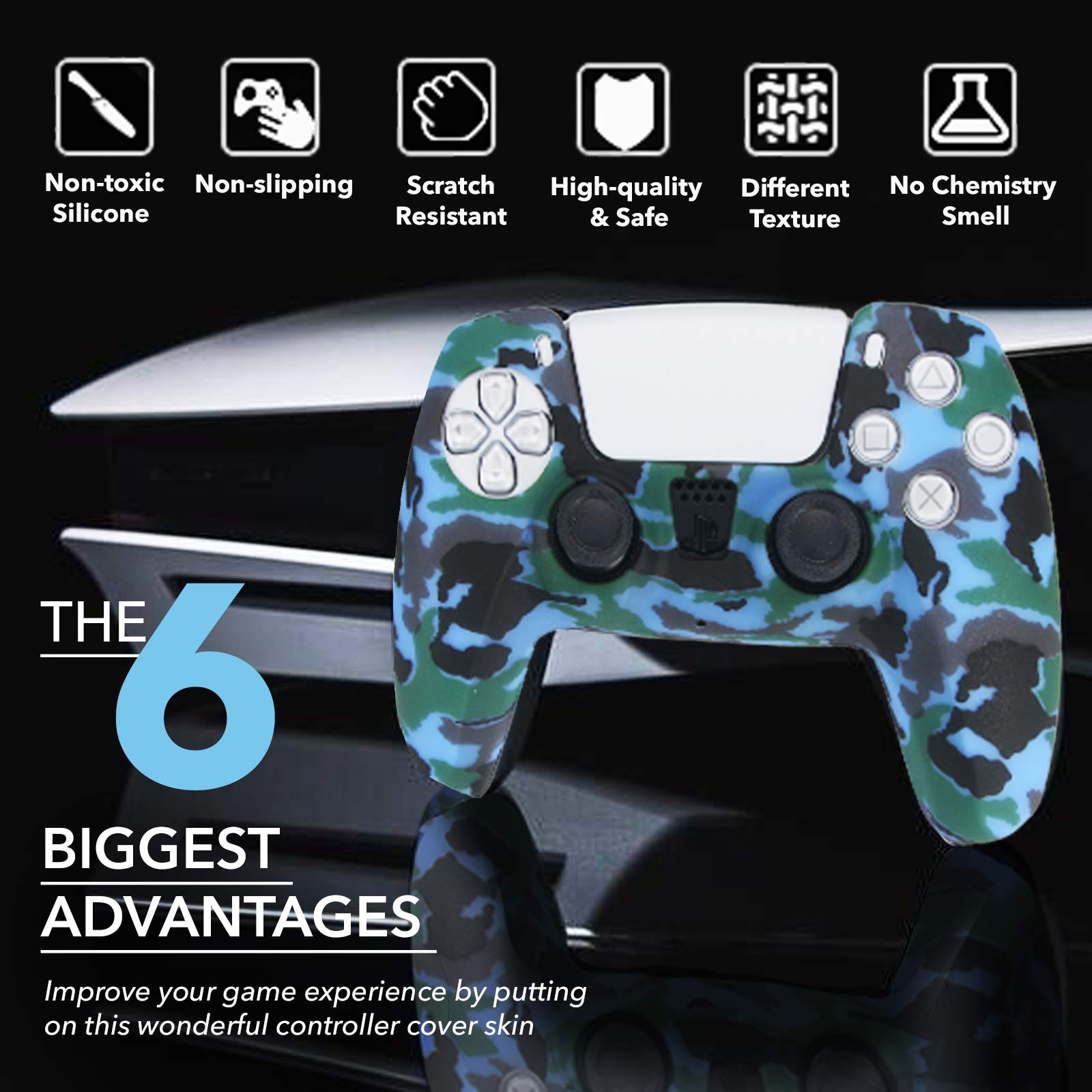 PS5 Controller Skin,Non Slip Comfort Silicone Skin Cover Protector Case for PS5 Controller(Controller Skin case x 2 + FPS PRO Thumb Grips x 8) (Camouflage Yellw+Blue)