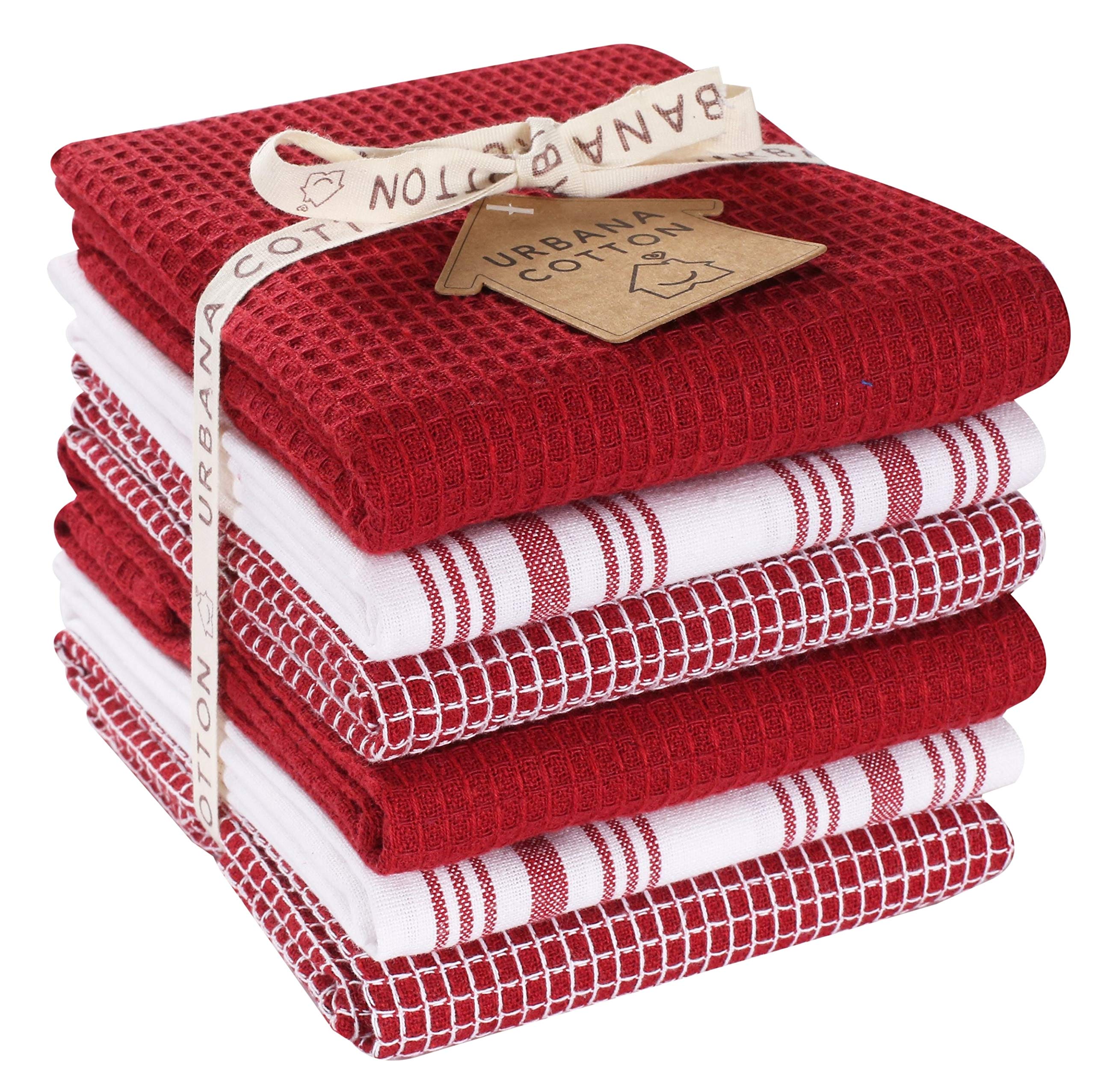 Urbana Cotton Set of 6 Assorted Waffle Kitchen Towels 100% Cotton Super Soft Absorbent Reusable Cleaning Cloths Machine Washable Weave Tea Towel with Hanging Loop (Red & White, 16 X 26 Inches)