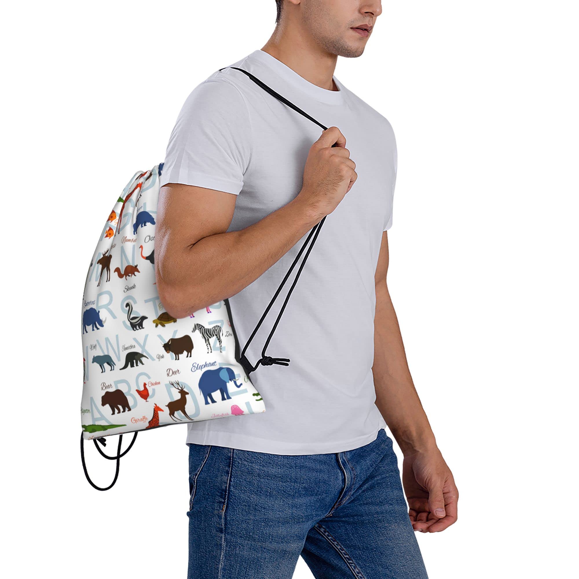 UTtitr Drawstring Backpack Alphabet Cute Zoo Animals Gym Sackpack Folding Dance Yoga Sack String Bag Waterproof Sport Daypack For Men Women Travel Beach Camping Cycling