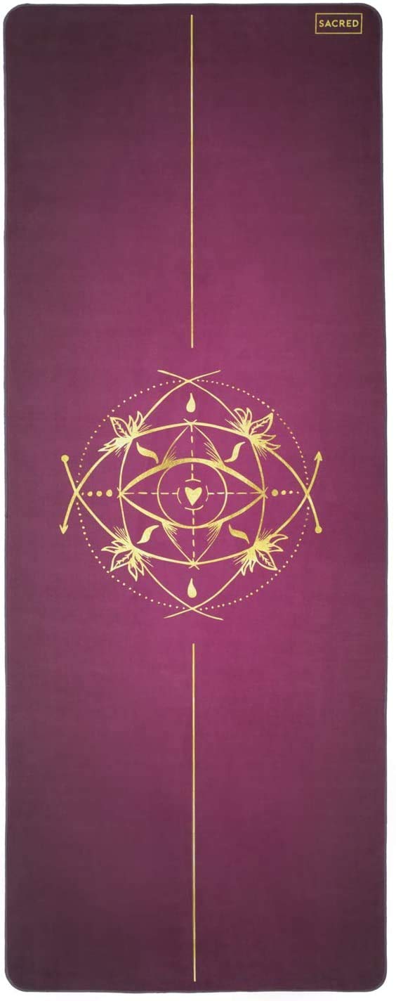SACRED Travel Portable Yoga Mat | Extra Grip & Foldable Mat with Pouch | Extra Long, Lighter & Eco-Friendly Mat | Comfortable 1.5mm Thick Exercise Mat with Central Alignment Lines (Burgundy)
