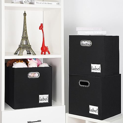 RVSNQ 13x13x13 Storage Cube Bins (Set of 4), Fabric Cubes Storage Bin with Metal Handles and Label, Collapsible Cube Storage Organizer Bins for Home, Office, Closet, Shelves, Nursery(Black)