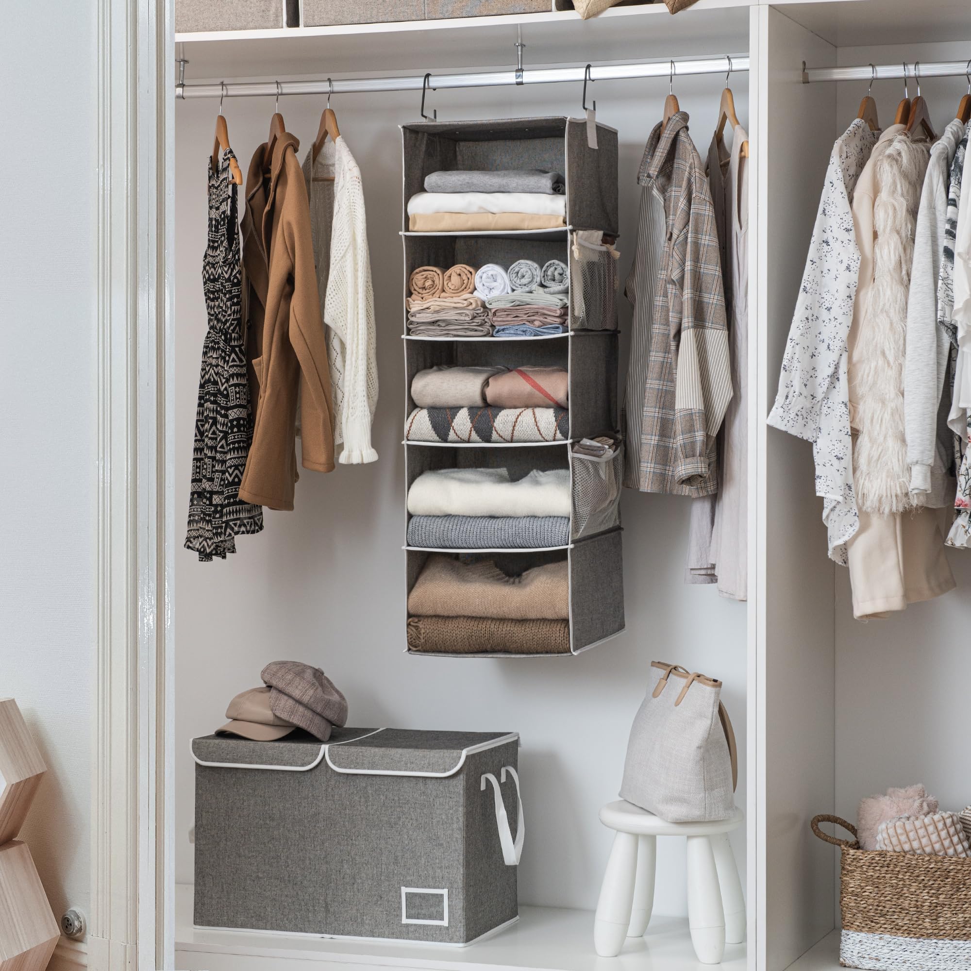 StorageWorks 5-Shelf Jumbo Hanging Storage Closet, Hanging Organizer for Closet Rod, Hanging Cloth Organizer Storage, Canvas, Gray, 13" D x 15" W x 47 ¾" H
