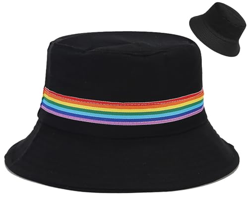 XYIYI Trendy Rainbow Ribbon Black Bucket Hat Reversible Beach Fisherman Hats for Women Men Teen Girls