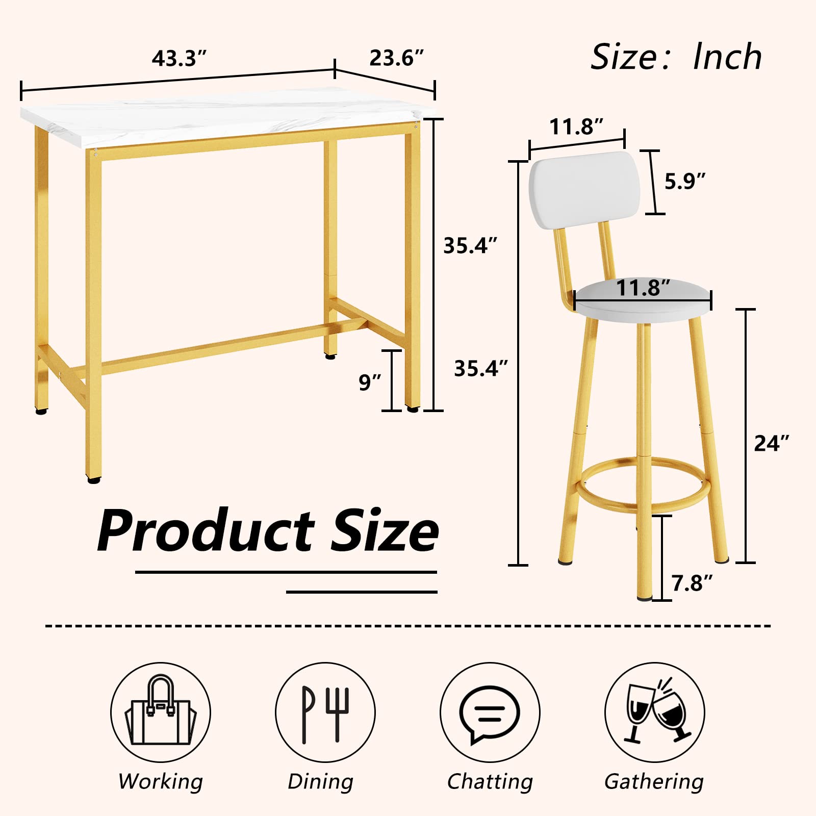 Recaceik Dining Table Set, 43.3β Rectangle Pub Bistro Dining Set Kitchen Table Set Bar Table with Backrest Stools, 5-Piece Breakfast Table Set with Metal Frame for Dining Room w/ 4 Chairs-Gold