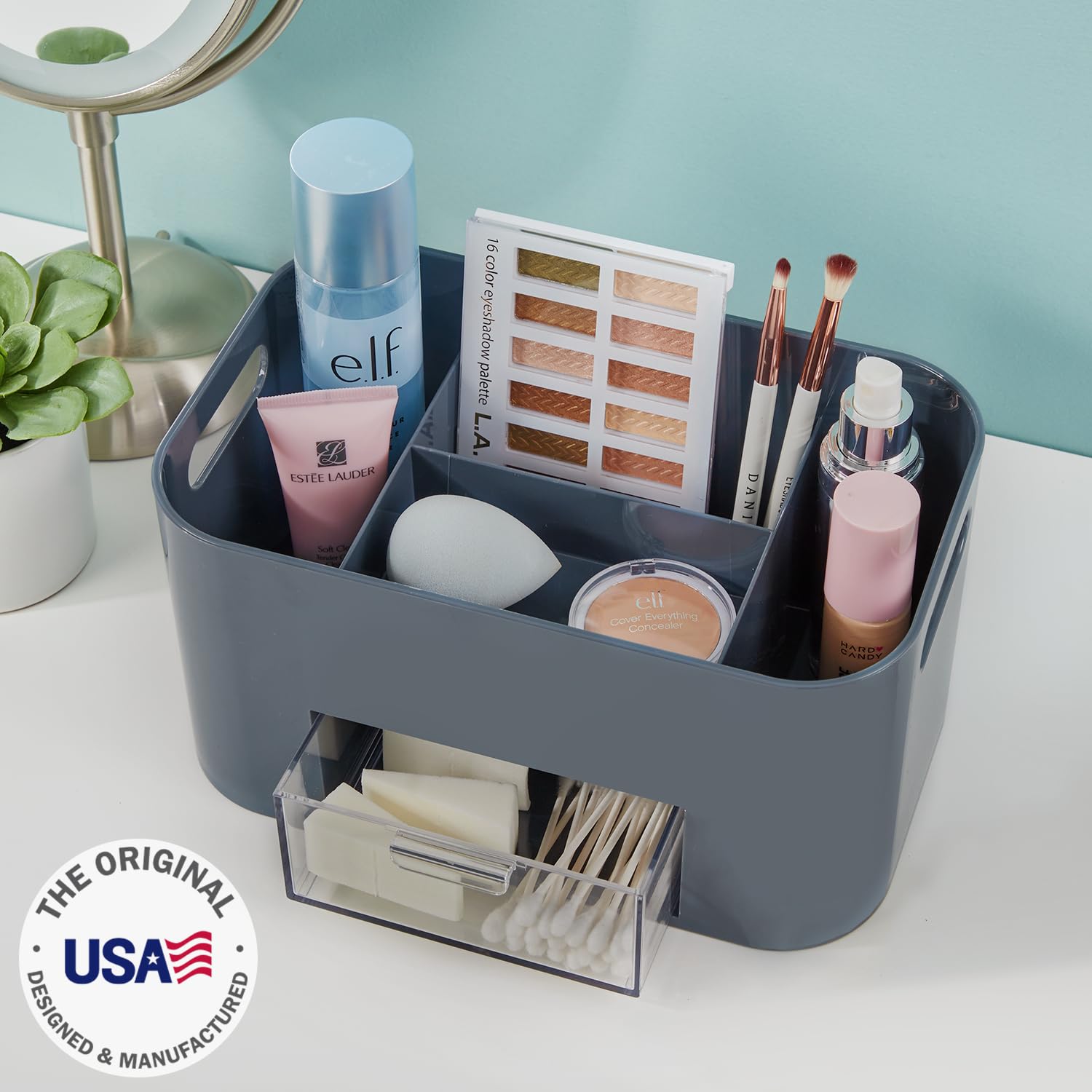 STORi Bliss 4-Compartment Plastic Vanity Organizer with Small Accessory Drawer in Grey | Rectangular Makeup, Skincare, & Cosmetic Storage Bin with Pass-Through Handles | Made in USA