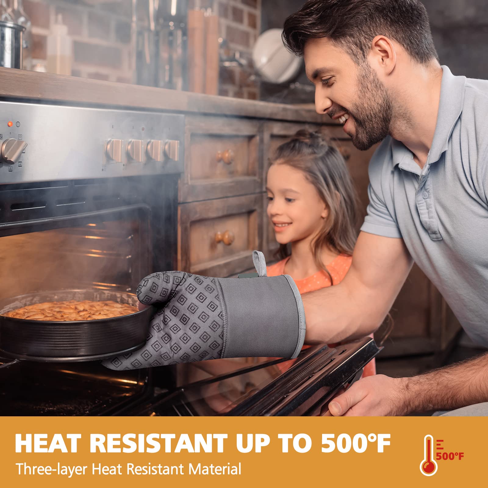 Oven Mitts and Pot Holders Kitchen: 500° Oven Gloves Silicone Ovenmitts Hotpads Set - Quilted Long Kitchen Mittens Potholders Washable Mits Hot Pads Flexibility for Baking