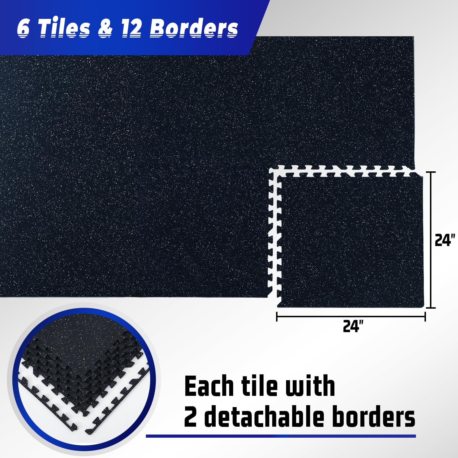 SUPERJARE 6 Tiles Equipment Flooring Mat for Floor Workout Exercise Home Gym with Heavy Duty Rubber Top, Interlocking Rubber , 24" x 24" (24 sqft), 0.56 Inch Thick