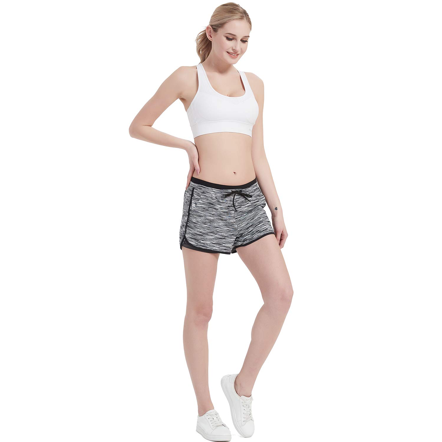 RIBOOM Women Workout Running Shorts 2 in 1 Active Yoga Gym Sport Shorts with Pockets Black White