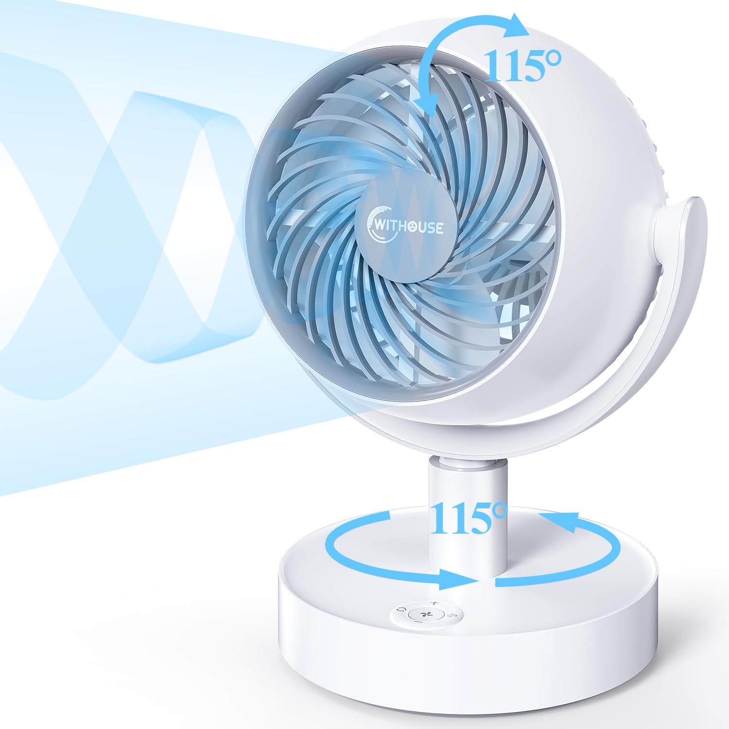 WITHOUSE Desk Fan for Bedroom, Mini Portable Air Circulator, Rechargeable Small Desk Fans Battery Powered with 5 Speeds, Oscillating and Powerful, Floor Fan for Whole Room Home Office