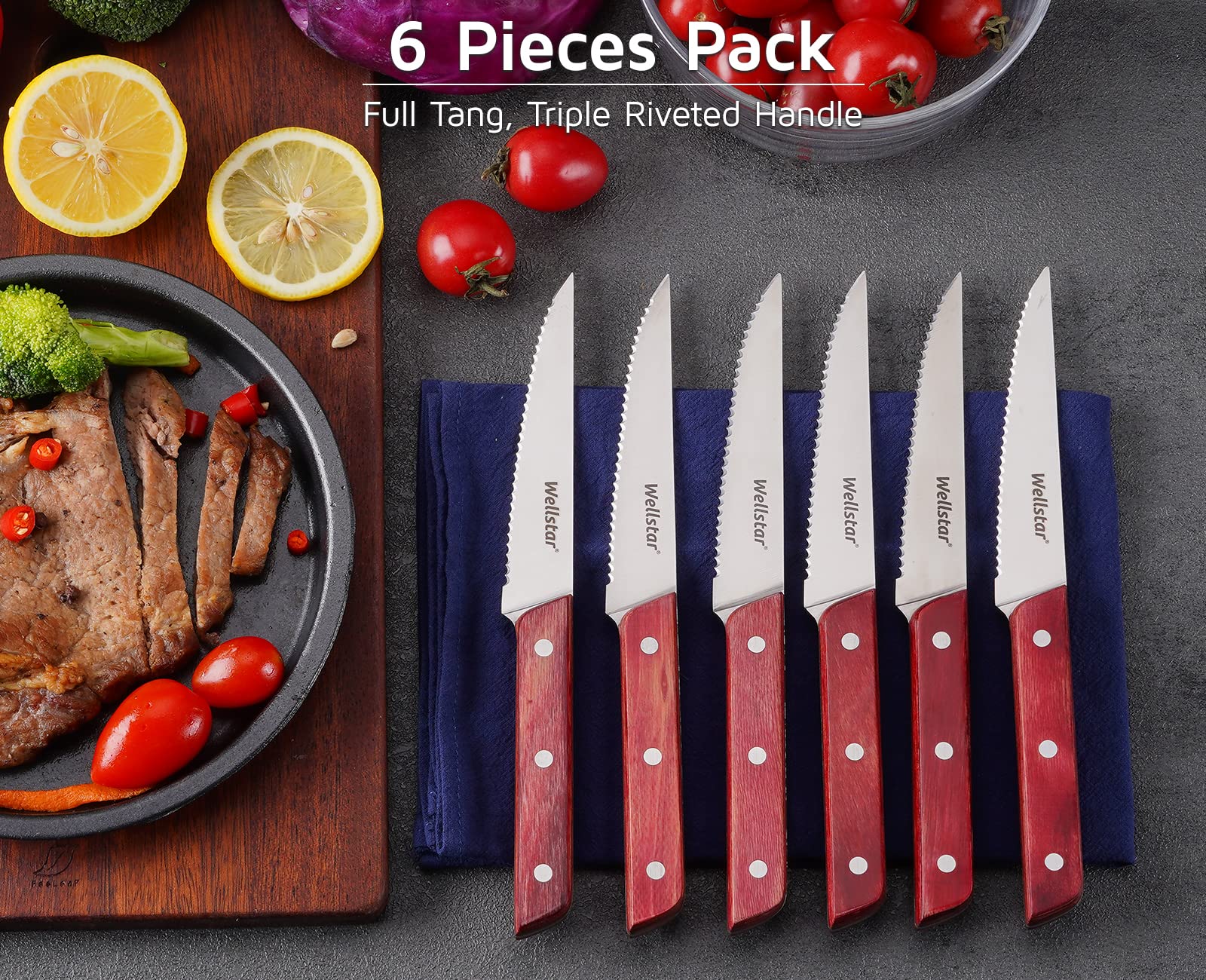 WELLSTAR Serrated Steak Knife Set of 6, Ultra Sharp Japanese Stainless Steel 4.5 inch Blade and Full Tang Pakkawood Handle Dinner Table Knives Pack for Home Kitchen Restaurant โ Triple Riveted
