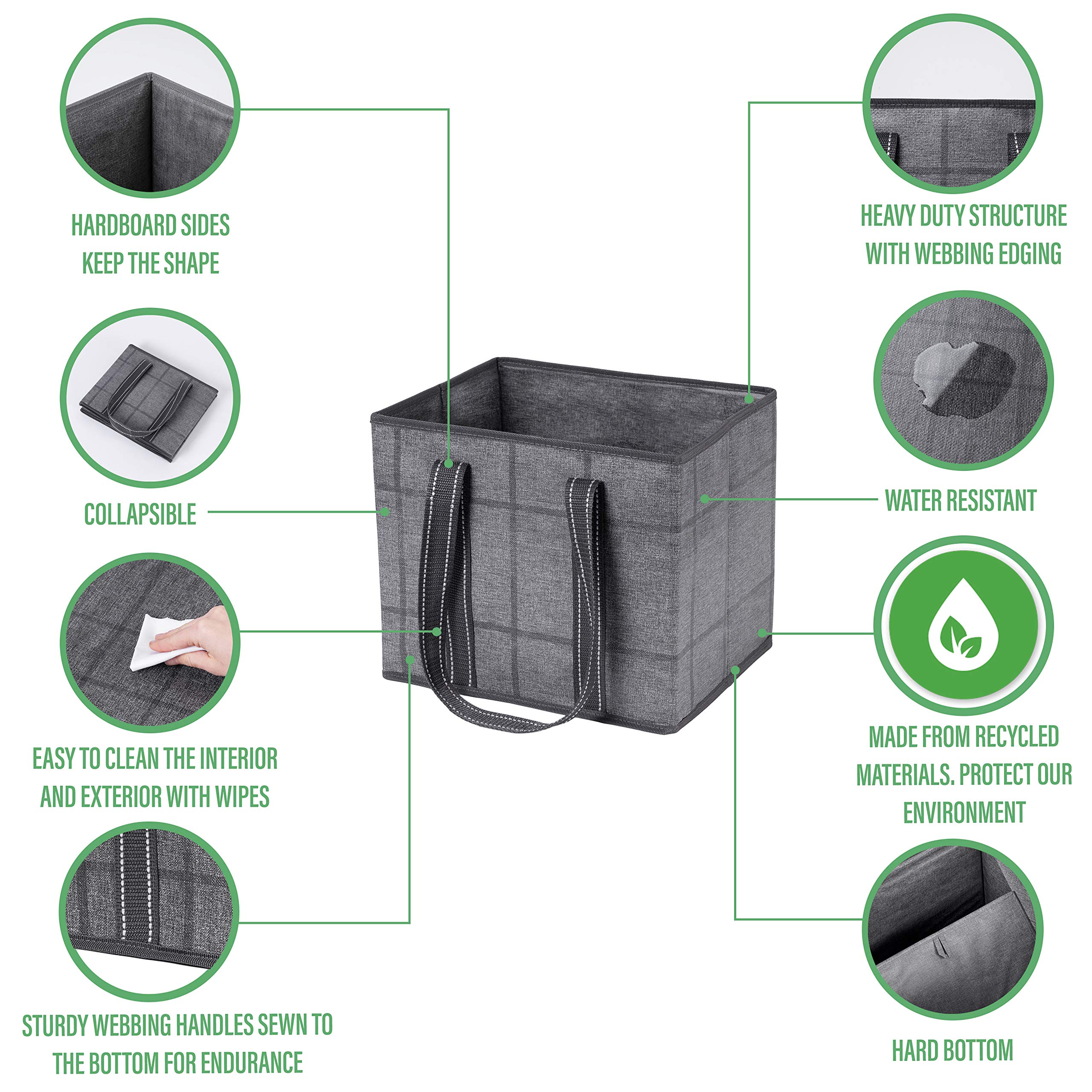 VENO 3 Pack Reusable Grocery Bags, Shopping Bags for groceries, Utility Tote with Handles and Hard Bottom, Foldable Shopping Cart Organizer, Multi-Purpose, Heavy-Duty (BLK Windowpane, 3 Pack)