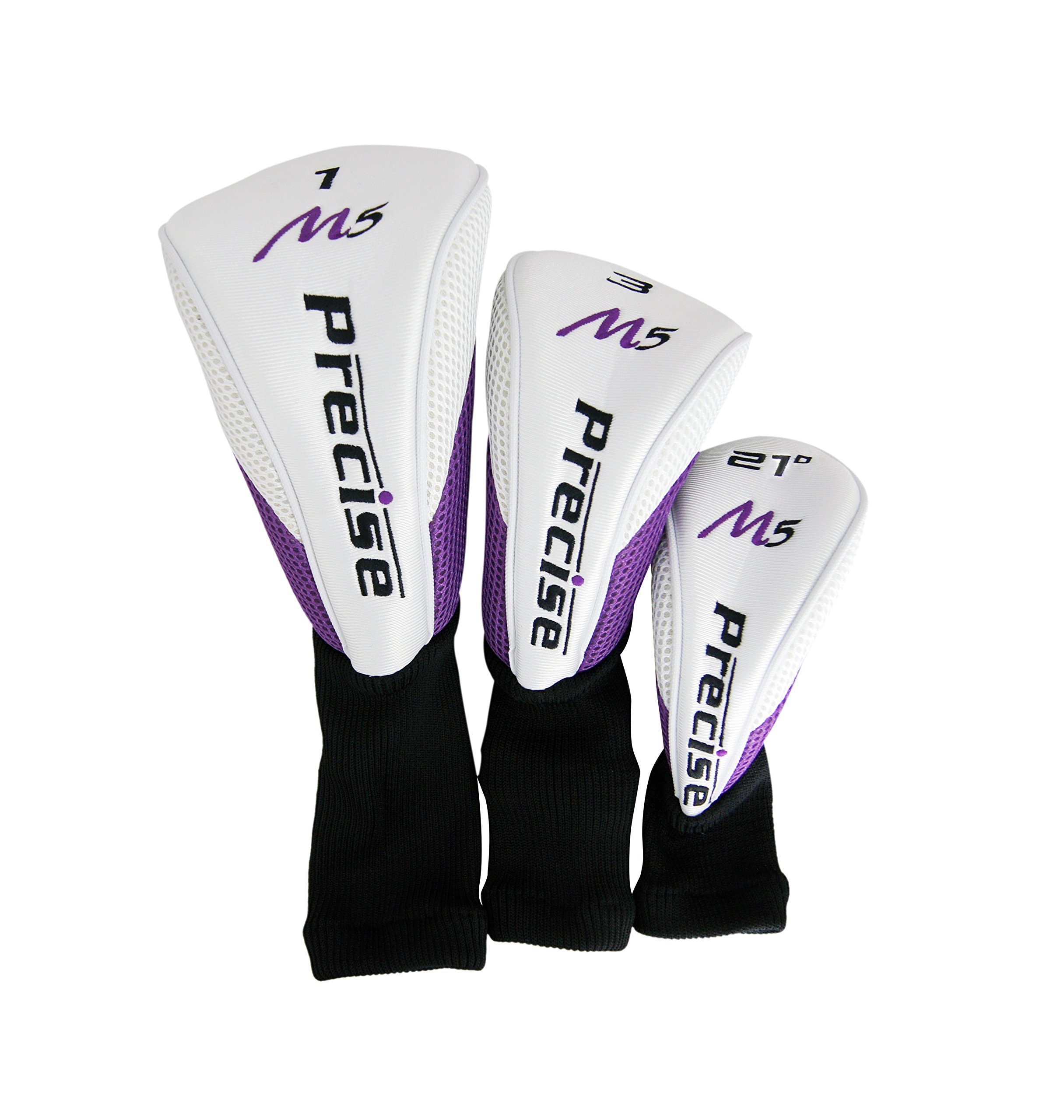 Precise M5 Ladies Womens Complete Right Handed Golf Clubs Set Includes Titanium Driver, S.S. Fairway, S.S. Hybrid, S.S. 5-PW Irons, Putter, Stand Bag, 3 H/C's Purple (Right Hand)