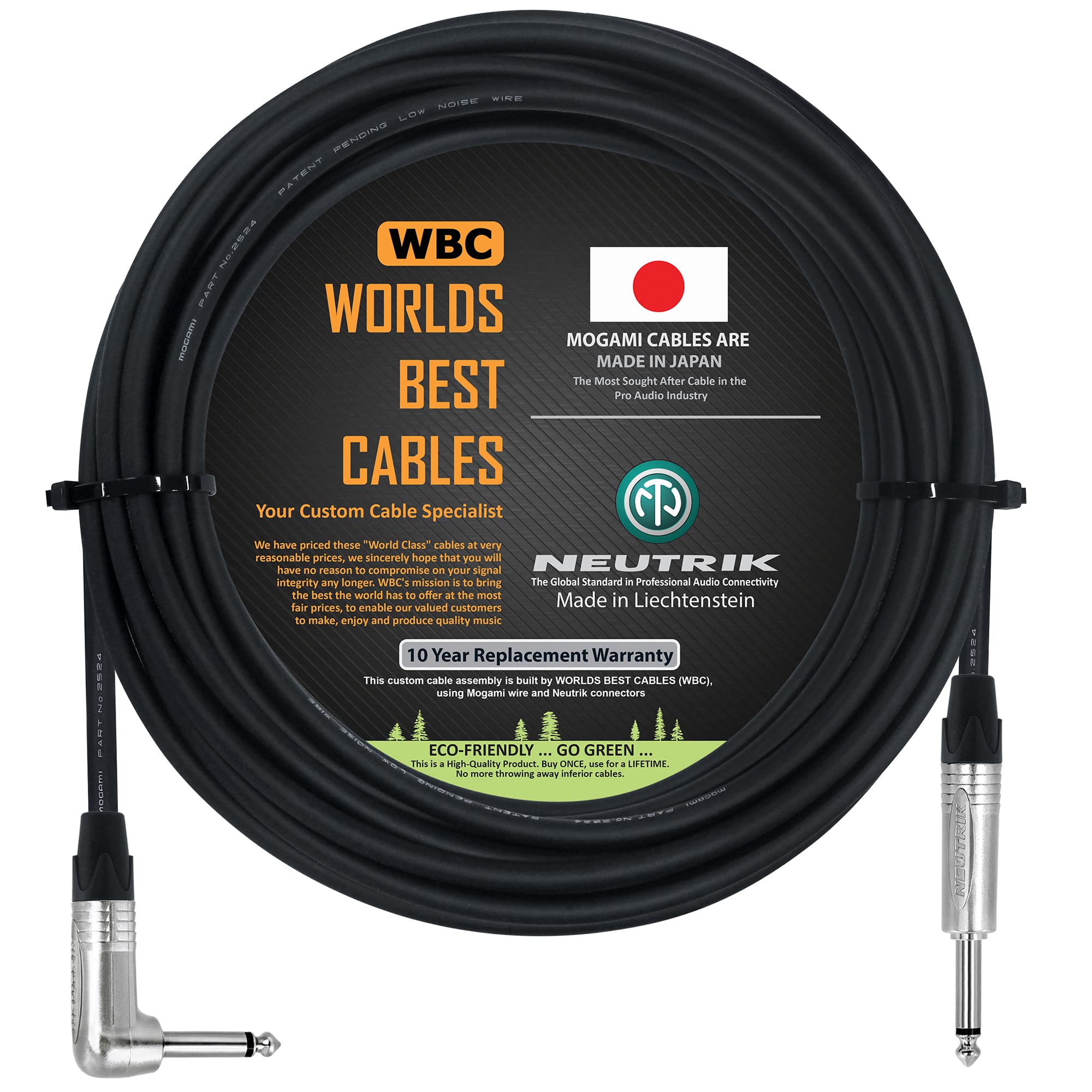 WORLDS BEST CABLES 20 Foot - Guitar Bass Instrument Cable Custom Made Using Mogami 2524 Wire and Neutrik NP2RX & NP2X ¼ Inch (6.35mm) TS Connectors