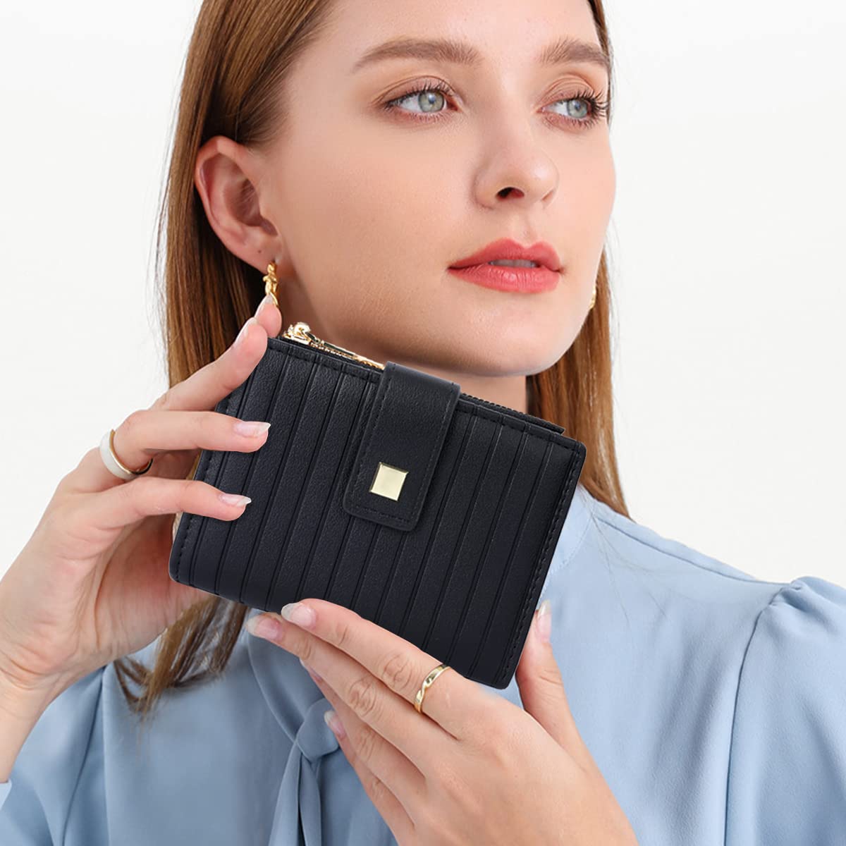 Women's Small Wallets with Zipper Coin Pocket Credit Card Slots ID Windows (BLACK)