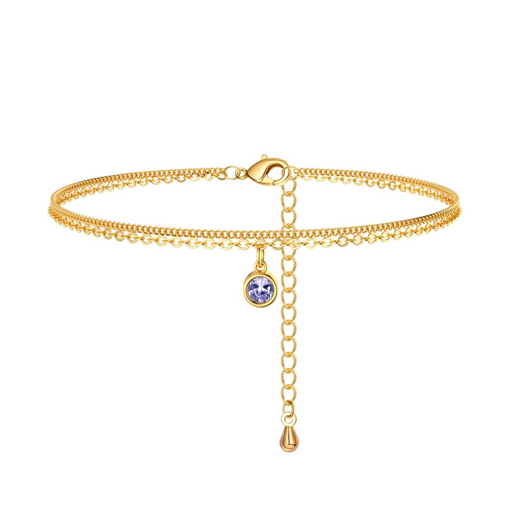 UEUC Gold Anklet for Women, 14K Gold Cuban Link Anklet Chains with Birthstone Charm, Cute Dainty Layering Anklets Chain Adjustable(#2)