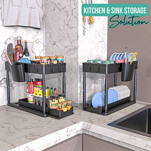 STORVAGE Height Adjustable Under Sink Organizer Kitchen 2 Tier Under Sink Organizers and Storage Bathroom, Sliding Basket Bathroom Cabinet Organizer with Hooks, Hanging Cup & Dividers (Black, 1)
