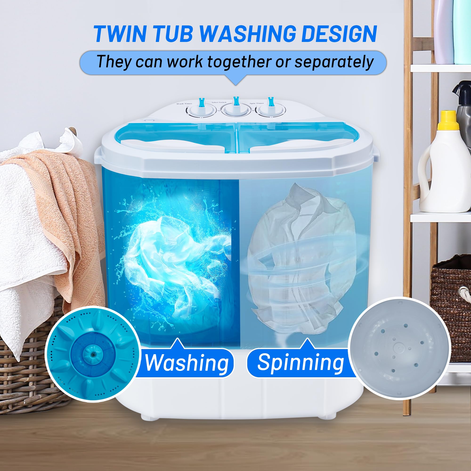 Outspurge Portable Washing Machine, 13lbs Twin Tub Washer 2 In 1 Mini Compact Laundry Machine, 9lbs+4lbs Washer and Spinner Combo for Dorms, Apartments, RVs(Blue)