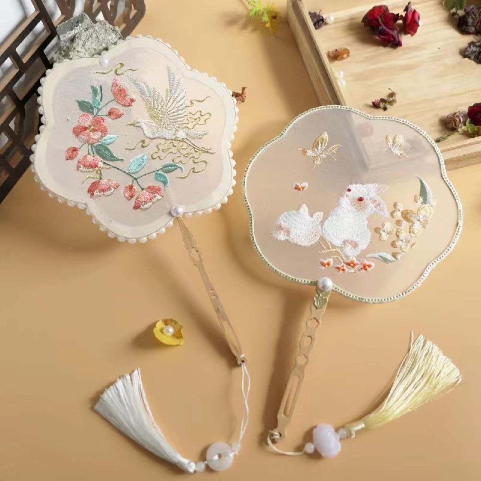 Wingfree 4 Pcs Chinese Style Embroidery Fan, Festival Hand Fans, Handheld Fan Foldable, Folding Fan (Colour Pattern Random) D