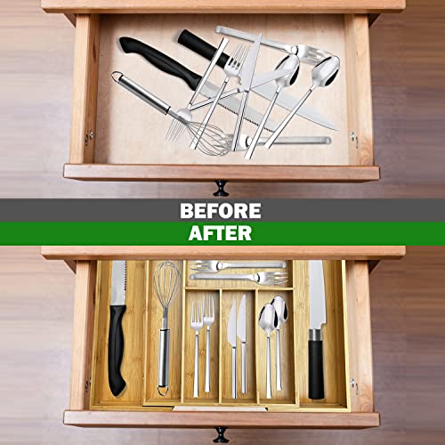 ZHOMA Bamboo Expandable Kitchen Drawer Organizer for Utensils Holder - Silverware Organizer/Utensil Holder and Cutlery Tray with Grooved Drawer Dividers - Natural