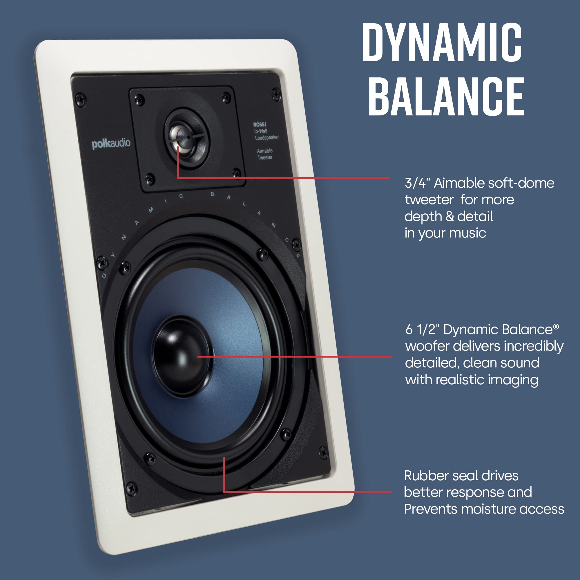 Polk Audio RC65i 2-way Premium in-Wall 6.5" Speakers, Pair of 2 Perfect for Damp and Humid Indoor/Outdoor Placement - Bath, Kitchen, Covered Porches (White, Paintable-Grille)