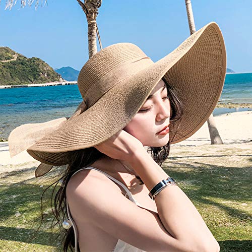 sxxkuxuan Women's Wide Brim Sunscreen Straw hat Floppy Disk Foldable roll up Beach Sunhat (5.5 inches-Khaki)