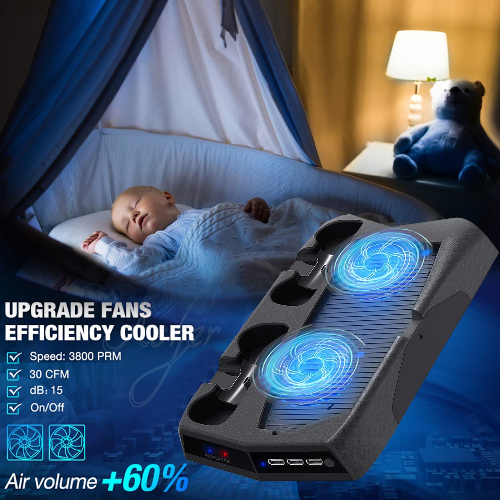 PS5 Stand with Cooling Fan, PS5 Cooling Station for Playstand 5 Console Digital Edition/Ultra HD,Dual Controller Charger PS5 Vertical Charging Stand with LED Indicators and 14 Game Card Slot Organizer