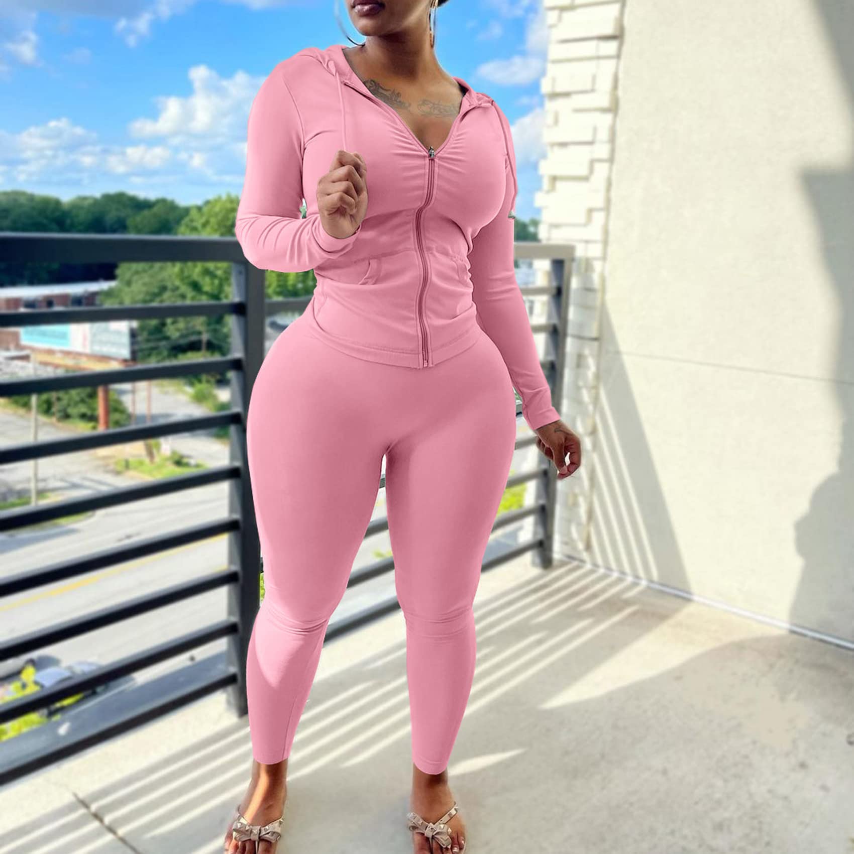 ZDZ 2 Piece Sweatsuits For Women Jogger Set Fall Outfits Long Sleeve Tights Workout Suits Tracksuits With Pocket(Pink-XXL)