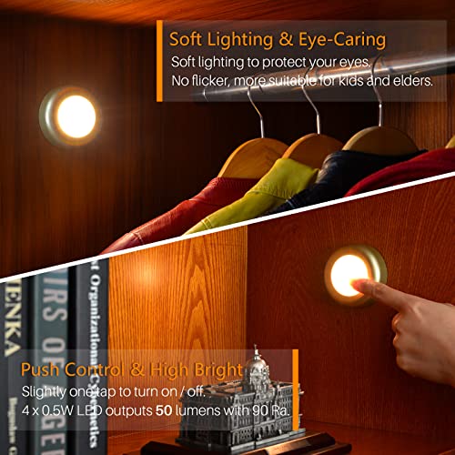 STAR-SPANGLED 5 Pack 2.8β Push Tap Lights, Stick on Touch Puck Lights AAA Battery Operated, LED Sticky Button Lights for Classroom, Kitchen, Under Cabinet, Closet (Golden, Warm White)