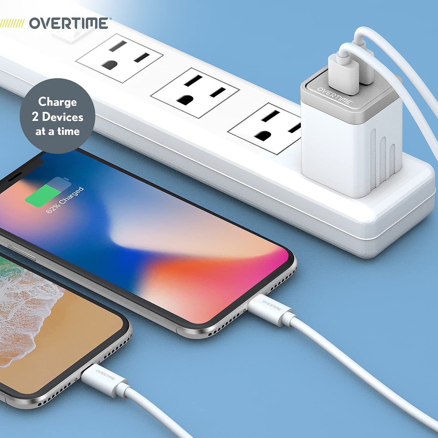 Overtime iPhone Charger Set, Apple MFi Certified Lightning Cable with Dual USB Wall Adapter 2.4 AMP Compatible w/iPhone 11 Pro Max XS XR X 8 7 6S 6 Plus SE AirPods iPad (Silver/White, 6ft)