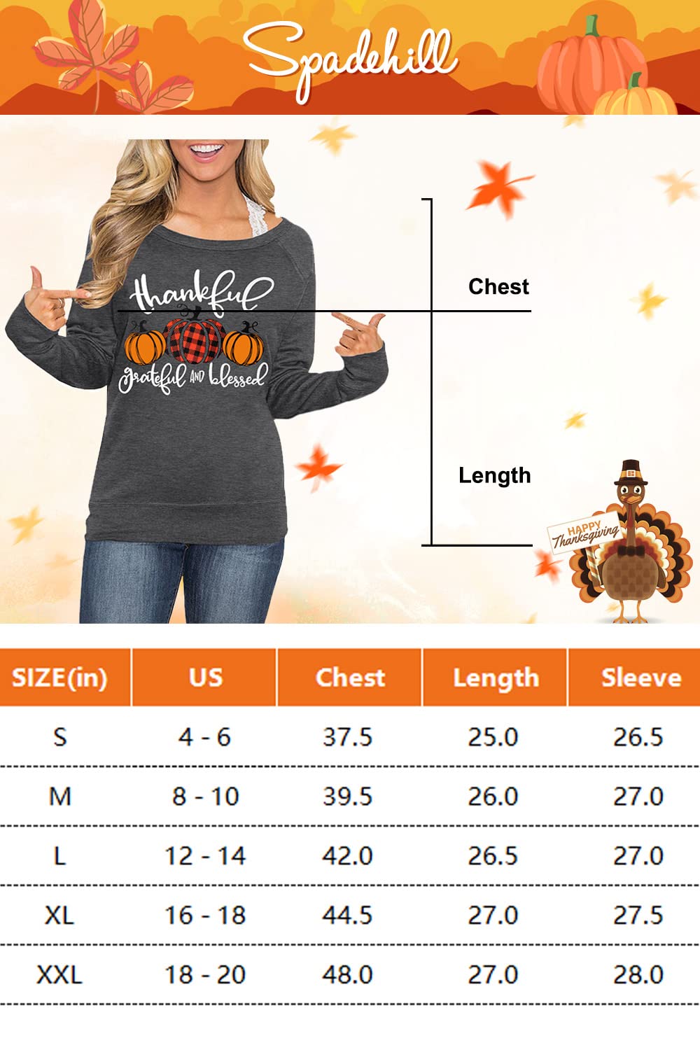 Thanksgiving Women's Graphic Sweatshirt Long Sleeve Casual Shirt Gray Pumpkin Plaid L