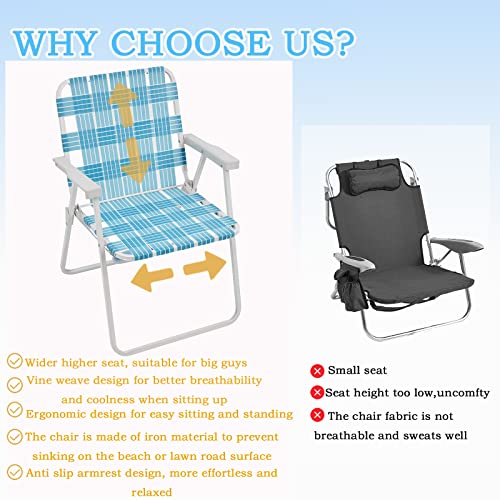 WEJOY 4 Pack Set Lightweight Folding Webbed Beach Chairs Webbing Beach Chair Web Lawn Chair Portable Chairs High Back Fold up Outdoor Chairs with Shoulder Strap for Patio Garden Concert Sand Blue/Grey