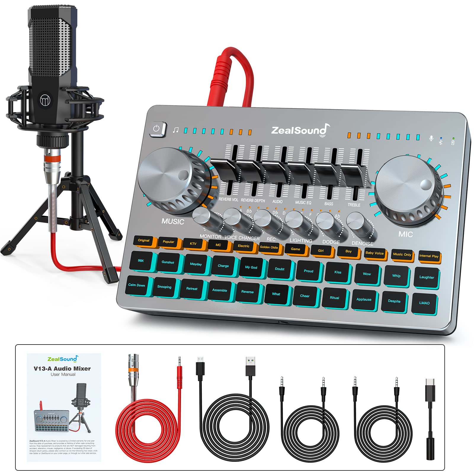 ZealSound Podcast Equipment Bundle,Audio Interface-All in One-Podcast Production Studio Soundboard Audio Mixer with Professional XLR Microphone for Live Streaming, Podcast Recording on Smartphone PC
