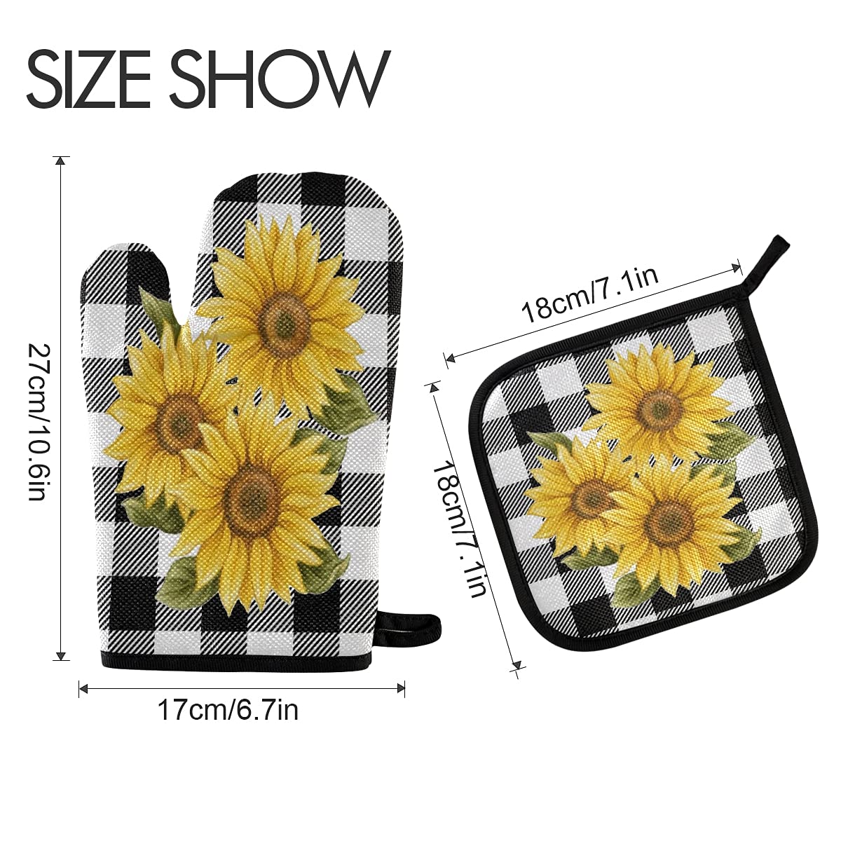 Sunflower Black White Buffalo Plaid Oven Mitts and Pot Holders Yellow Floral Lumberjack Check Cooking Gloves Kitchen Trivet Mats 2-Piece Set Non-Slip Heat Resistant Pad for Baking BBQ Home Decor