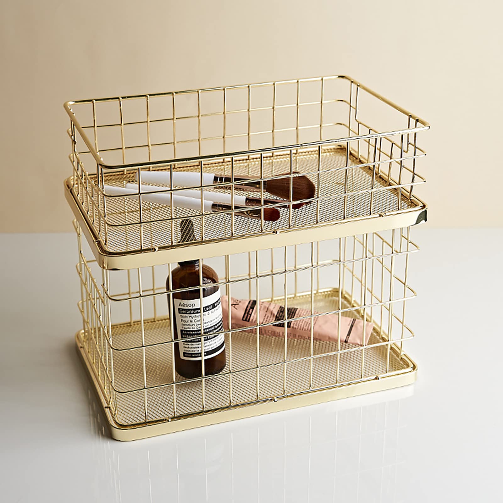 Set of 2 Stackable 10" Metal Wire Storage Basket Bins With Handles (Gold Woven Mesh Base)