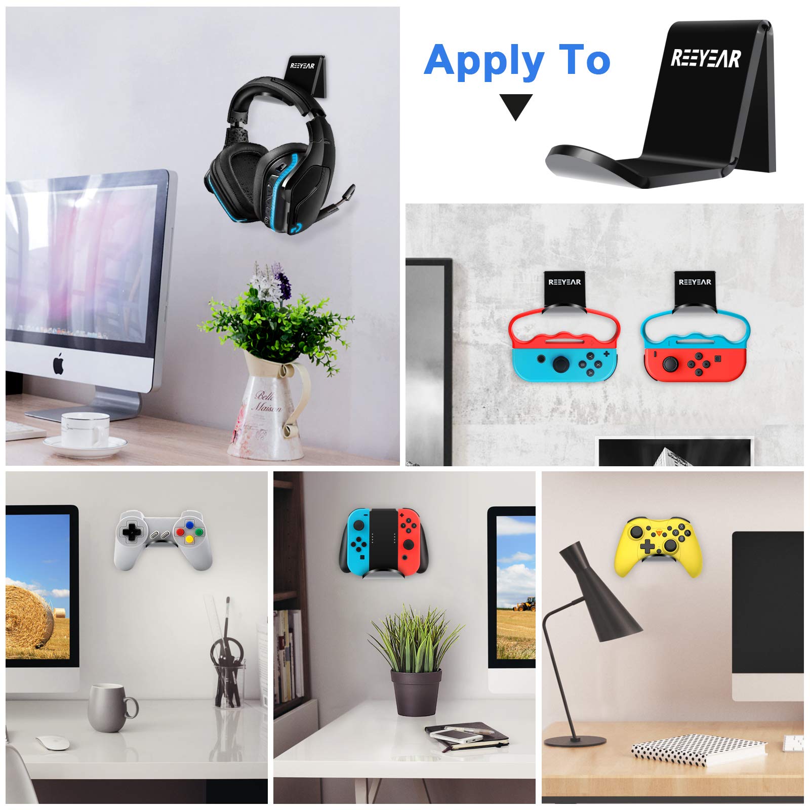 REEYEAR Video Game Controller Wall Mount Holder for Universal PS5 PS4 Xbox One S/Steam/Nintendo Switch/PC Video, No Drilling Stick on Stand Hanger for Gaming Controllers Headphone 2 Pcs Black